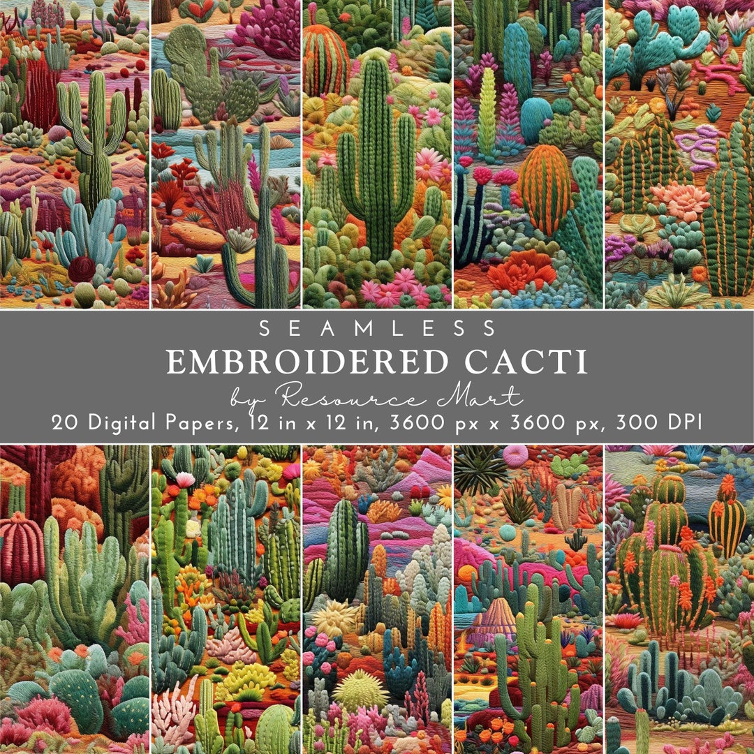 Embroidered Cactus Digital Paper, Seamless Southwest Desert Pattern, 3d ...