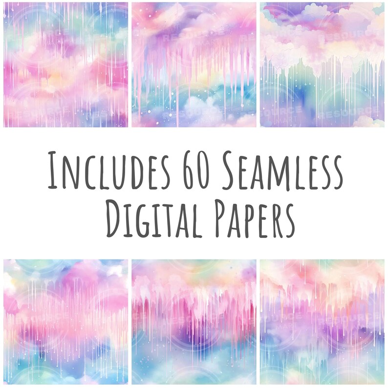 Dripping Pastel Watercolor Clouds Digital Paper Pack, Seamless Sky ...