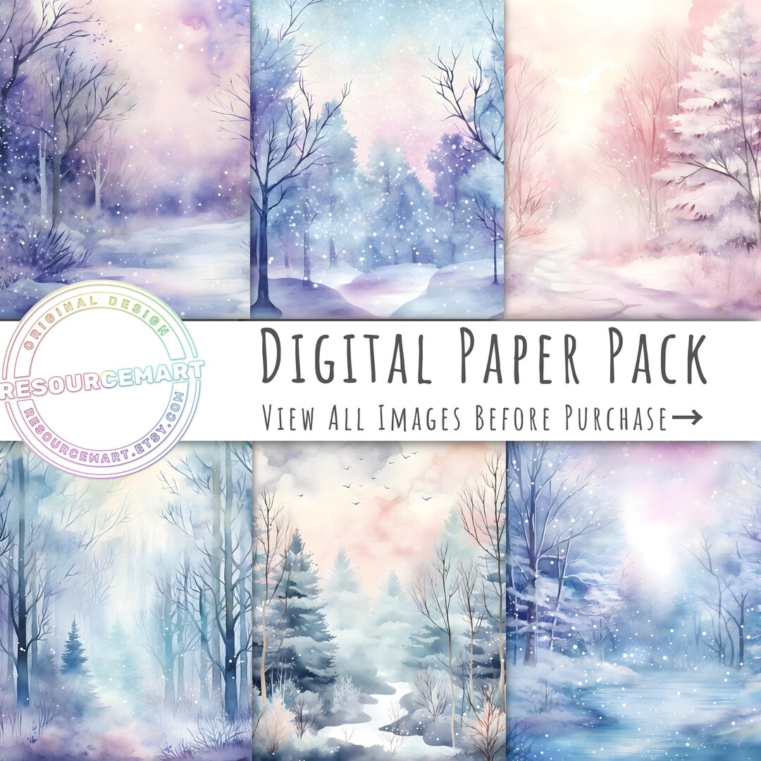 Watercolor Forest Winter Digital Paper, Printable Scrapbook Paper Snow ...