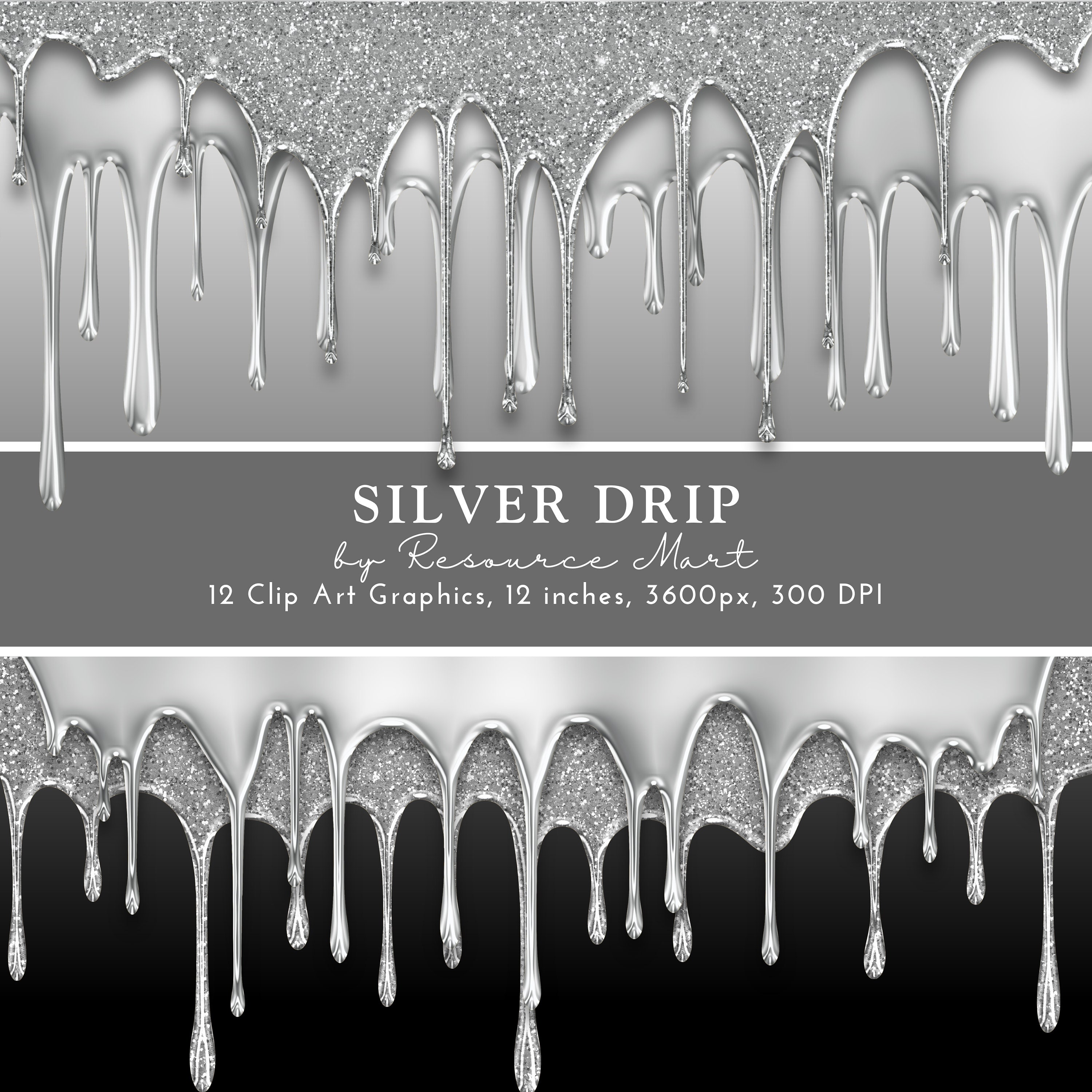 Silver Drip Clip Art, Metallic & Glittery Clip Art, Luxe Glam Borders ...