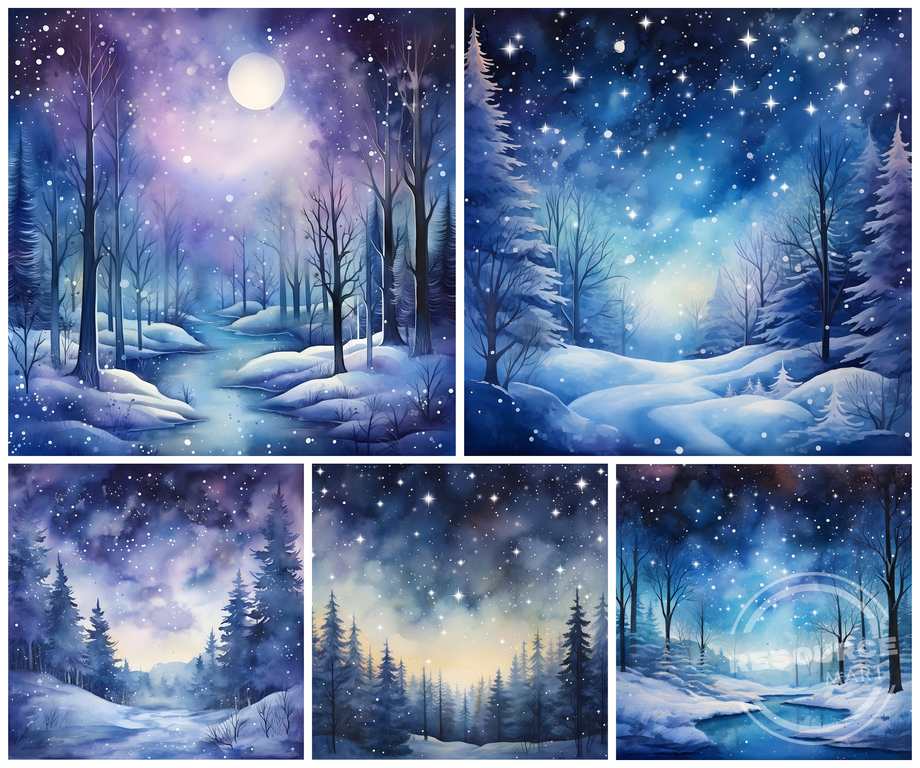 Watercolor Forest Winter Digital Paper, Printable Scrapbook Paper Snow ...