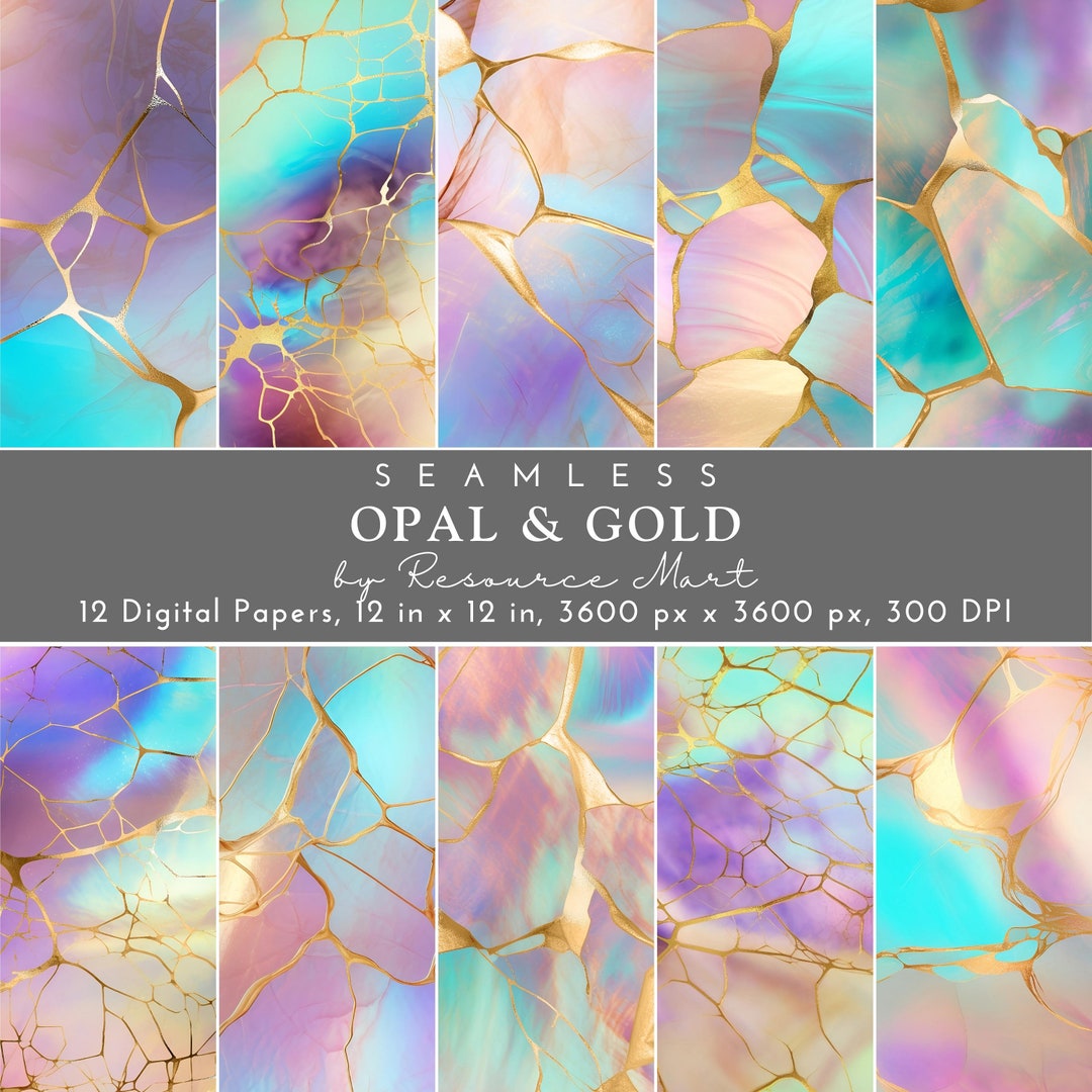 Iridescent Opal & Gold Digital Paper, Luxe Seamless Textures ...