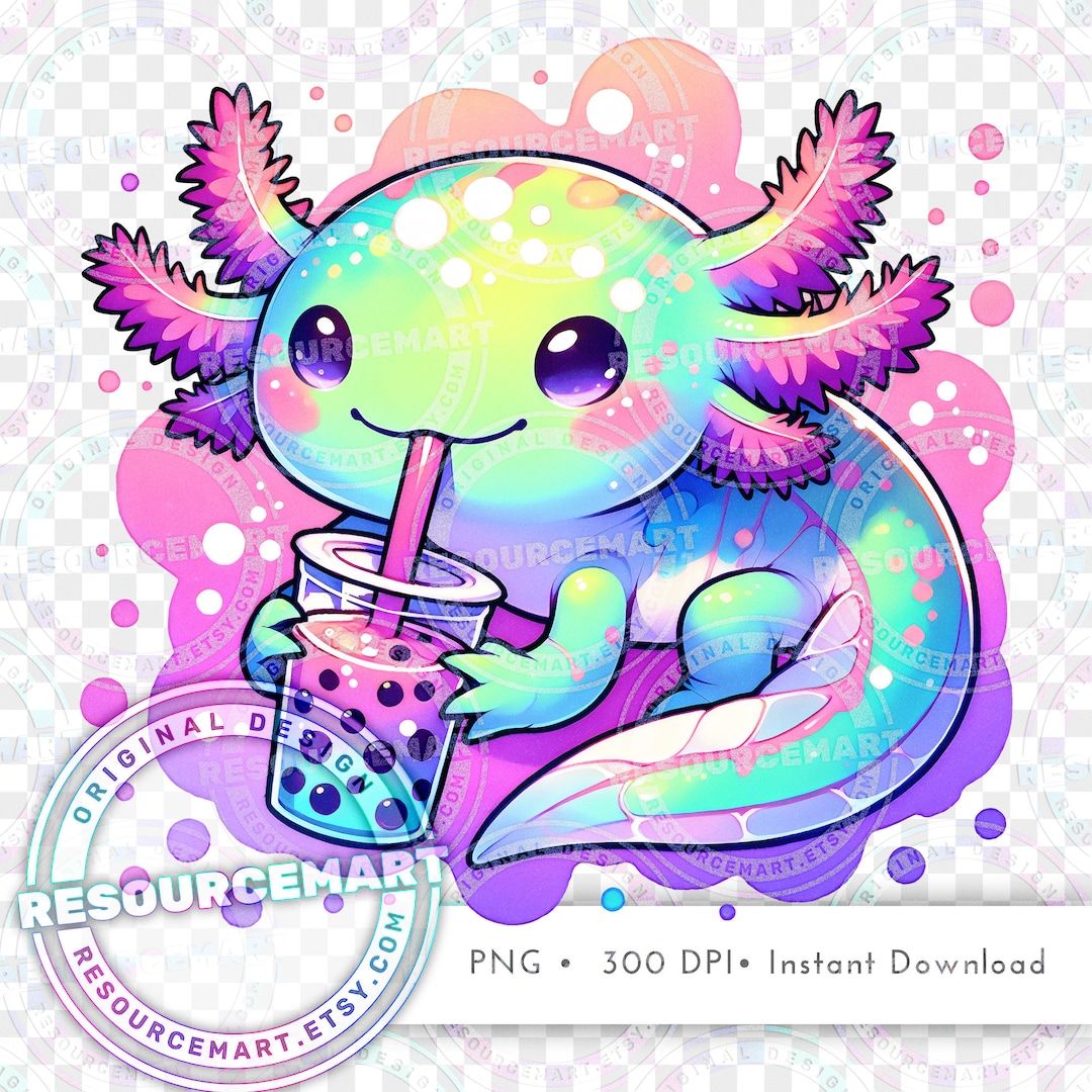 Cute Axolotl Drinking Boba PNG Graphic File, Neon Summer T-shirt Tee ...