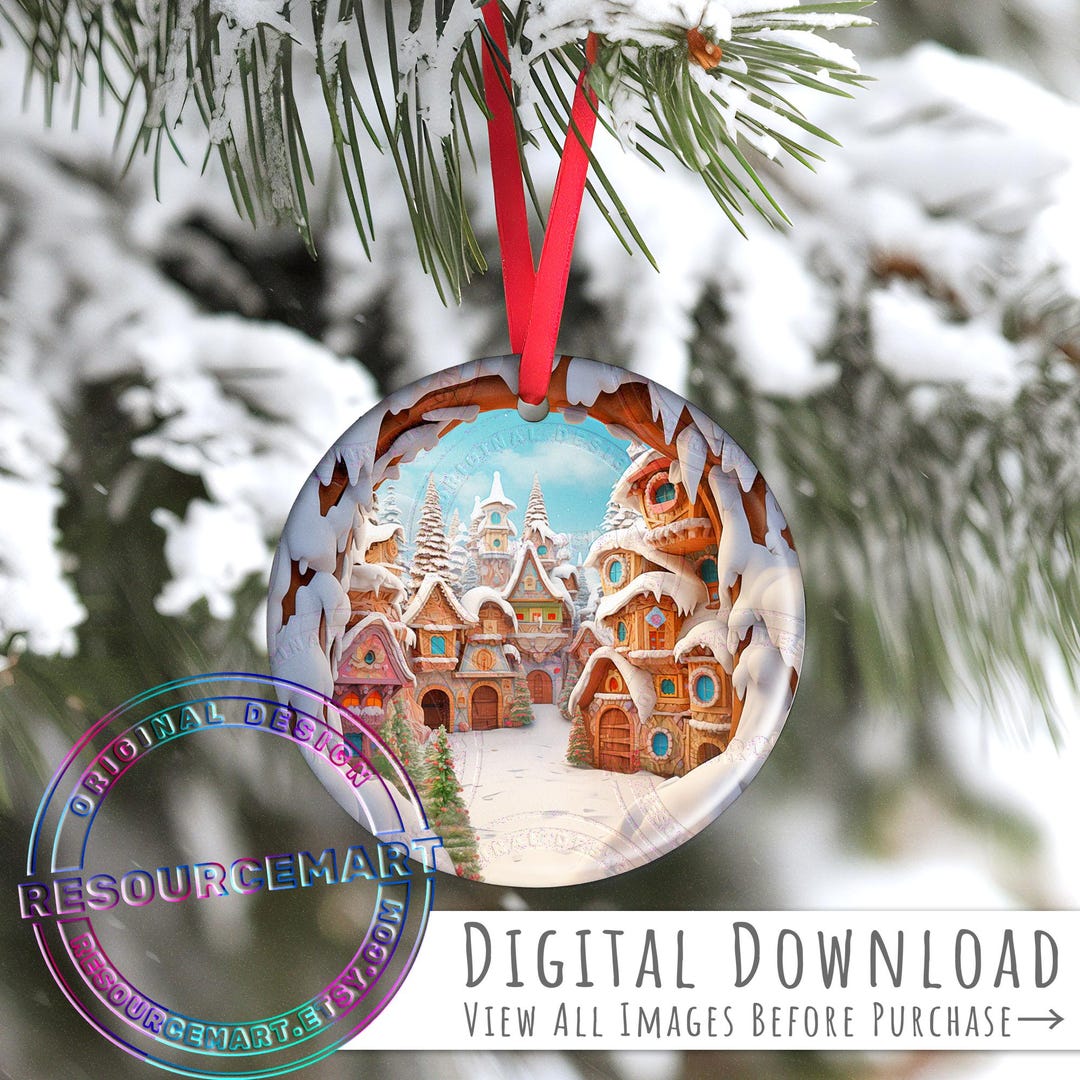 Gingerbread Village Christmas Tree Ornament Sublimation Design, Digital ...