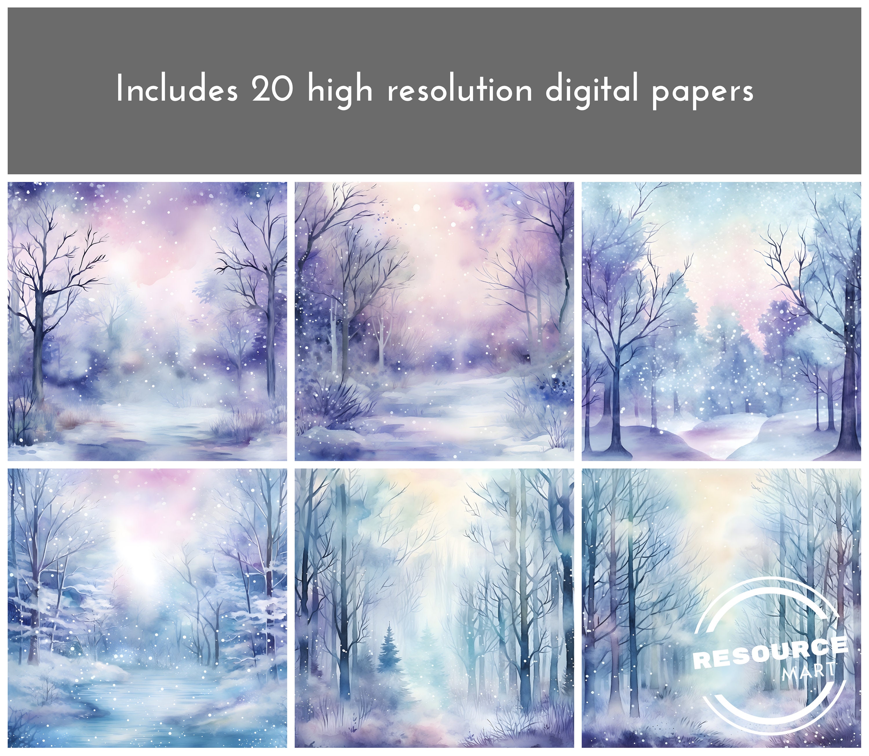 Watercolor Forest Winter Digital Paper, Printable Scrapbook Paper Snow ...
