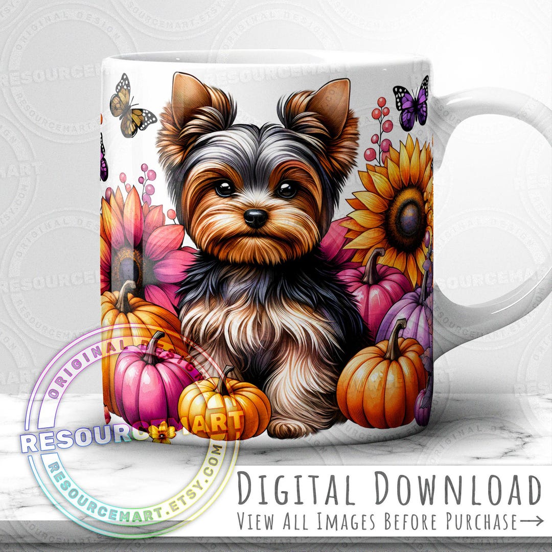 Fall Yorkie Mug Wrap Design, Pink Pumpkins and Sunflowers 11oz 12 Oz 15 ...