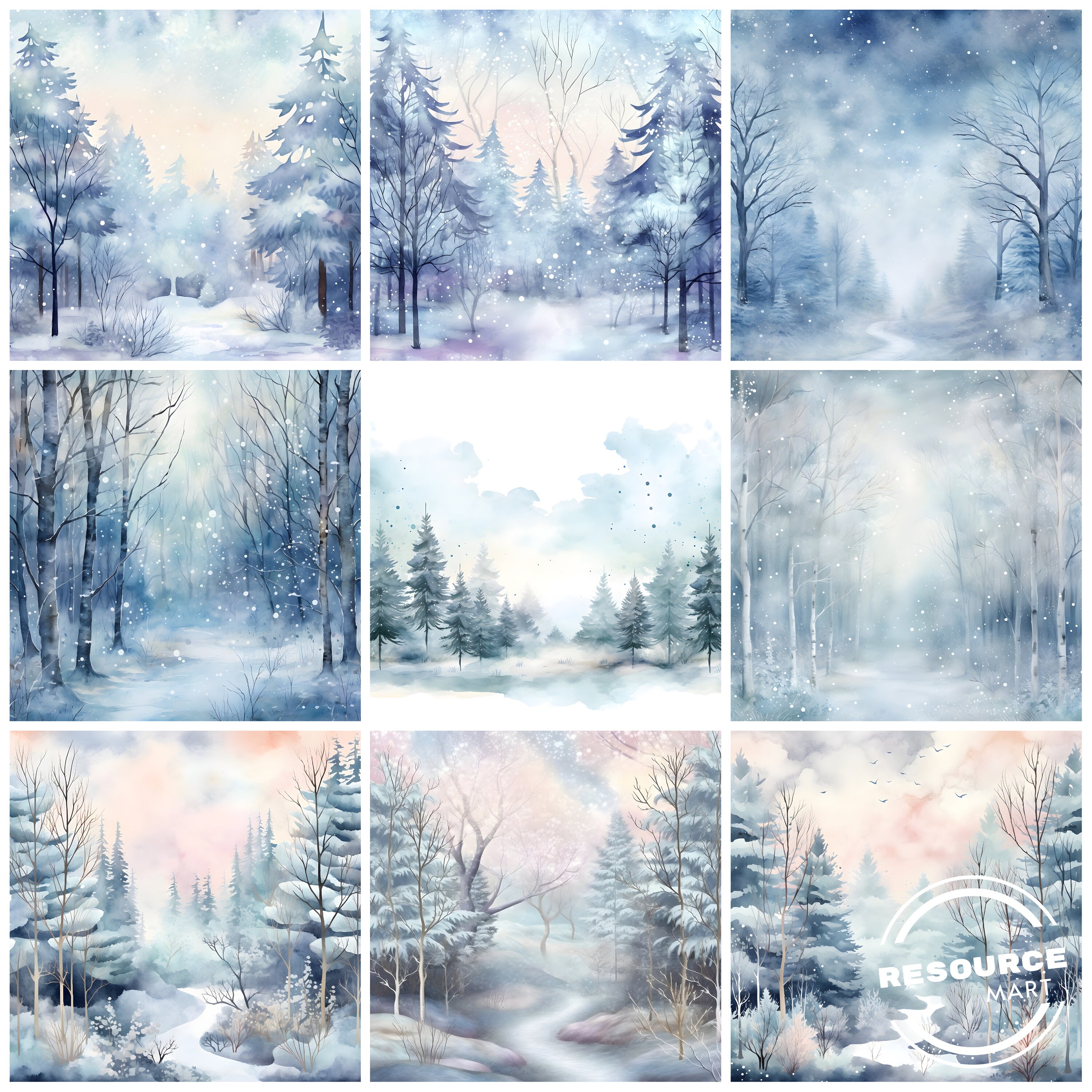 Watercolor Forest Winter Digital Paper, Printable Scrapbook Paper Snow ...