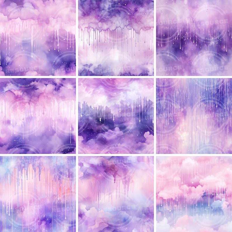 Dripping Pastel Watercolor Clouds Digital Paper Pack, Seamless Sky ...