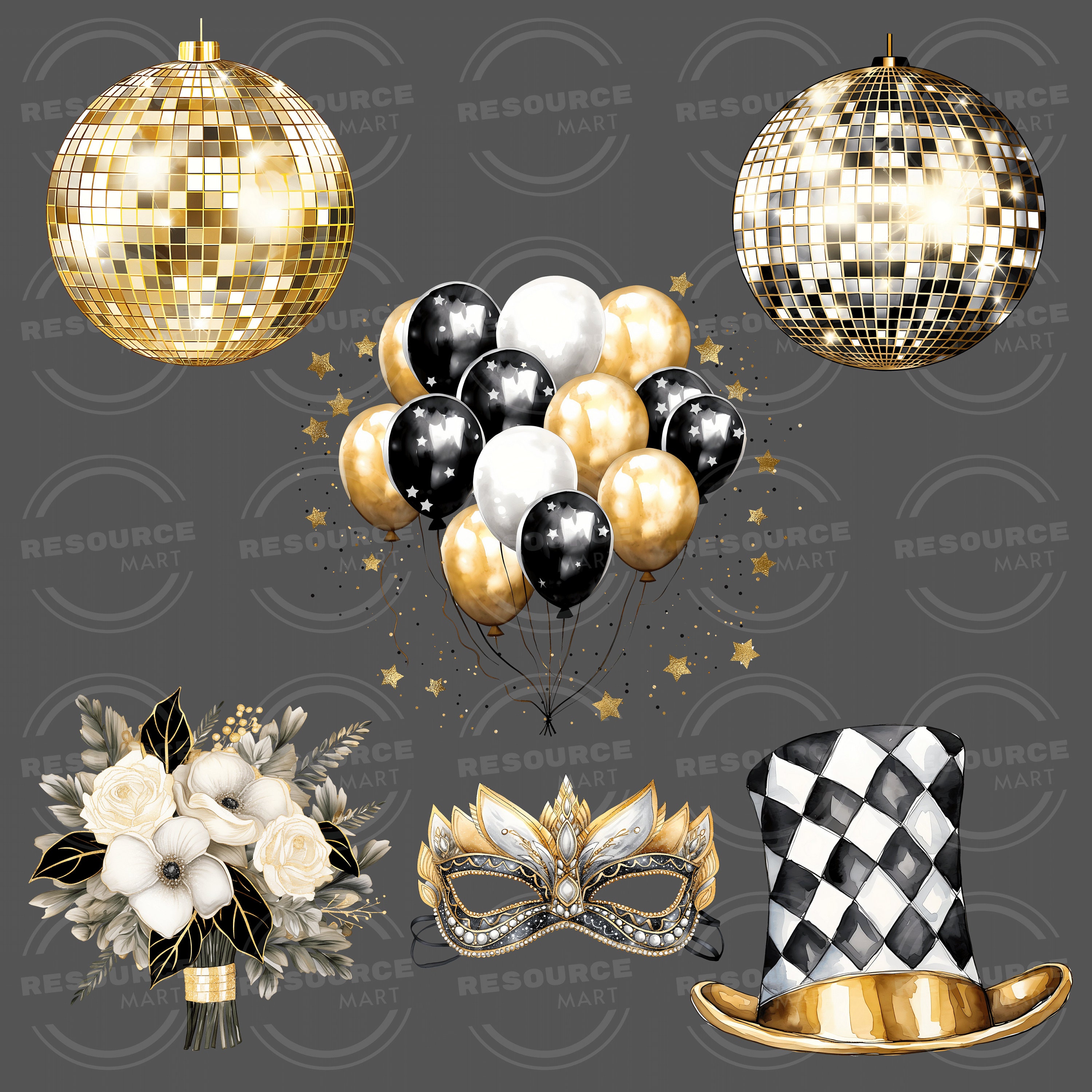New Year's Eve Clip Art Transparent PNG, Black and Gold Glitter Mixed ...