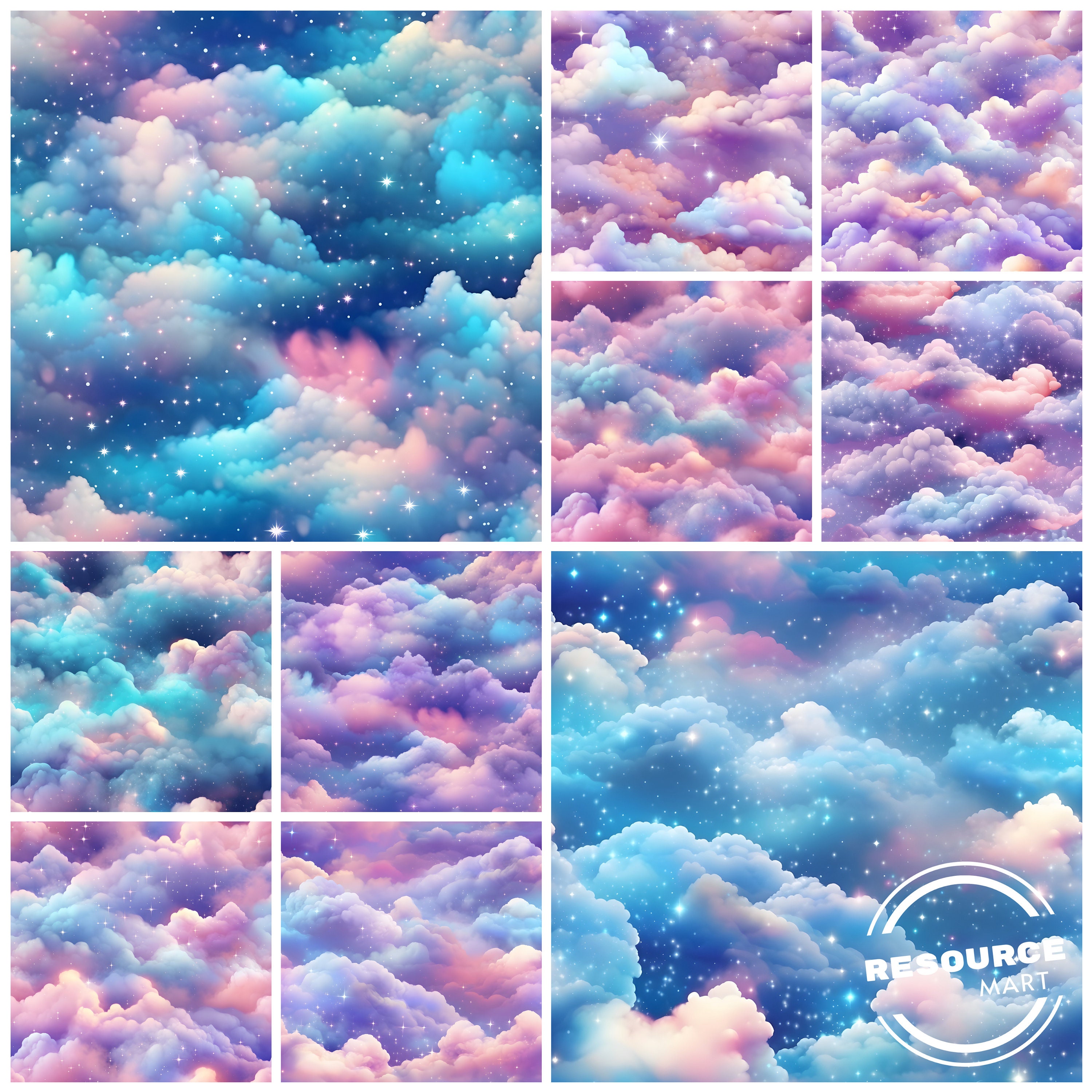 Pastel Cotton Candy Clouds Digital Paper Pack, Seamless Sky Patterns, Junk Journal Scrapbook ...