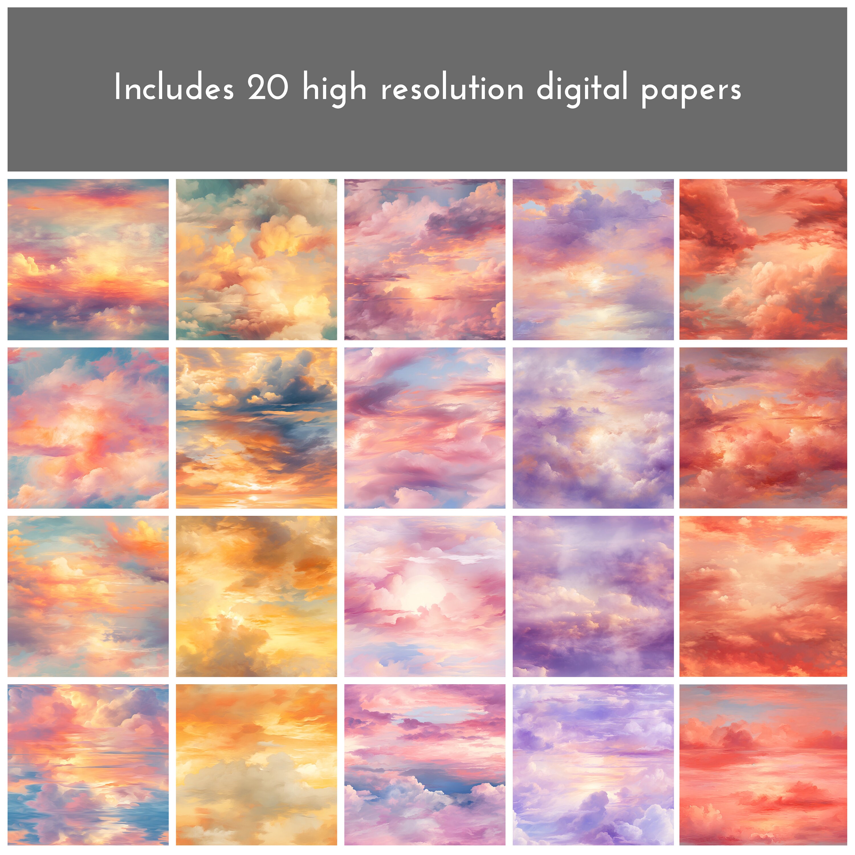 Watercolor Sunset Clouds Digital Paper Pack, Seamless Pastel Sky ...