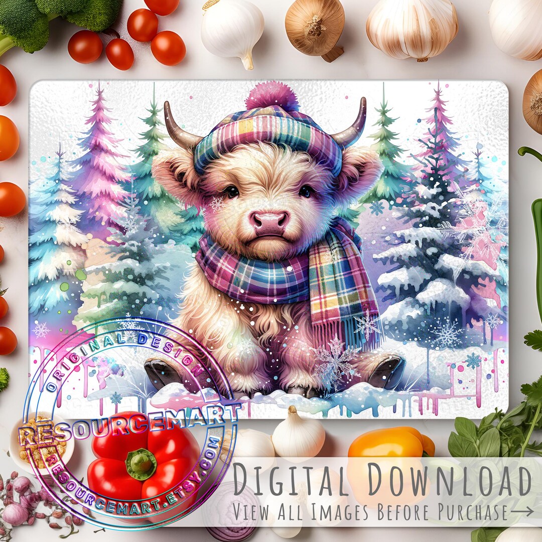 Winter Highland Cow Pastel Pine Trees & Snowflakes Sublimation Cutting ...