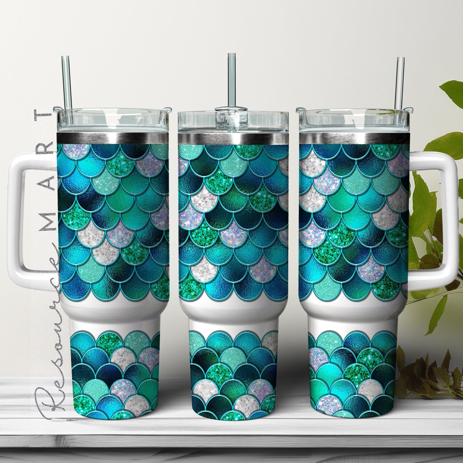 40oz Blue Green Mermaid Scales Tumbler Wrap Design, 40 Ounce Stanley ...