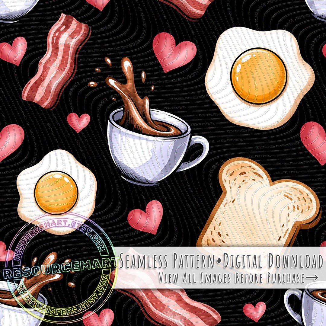 Breakfast Food Seamless Pattern, Bacon Eggs Toast and Coffee With Hearts on Black Solid Base ...