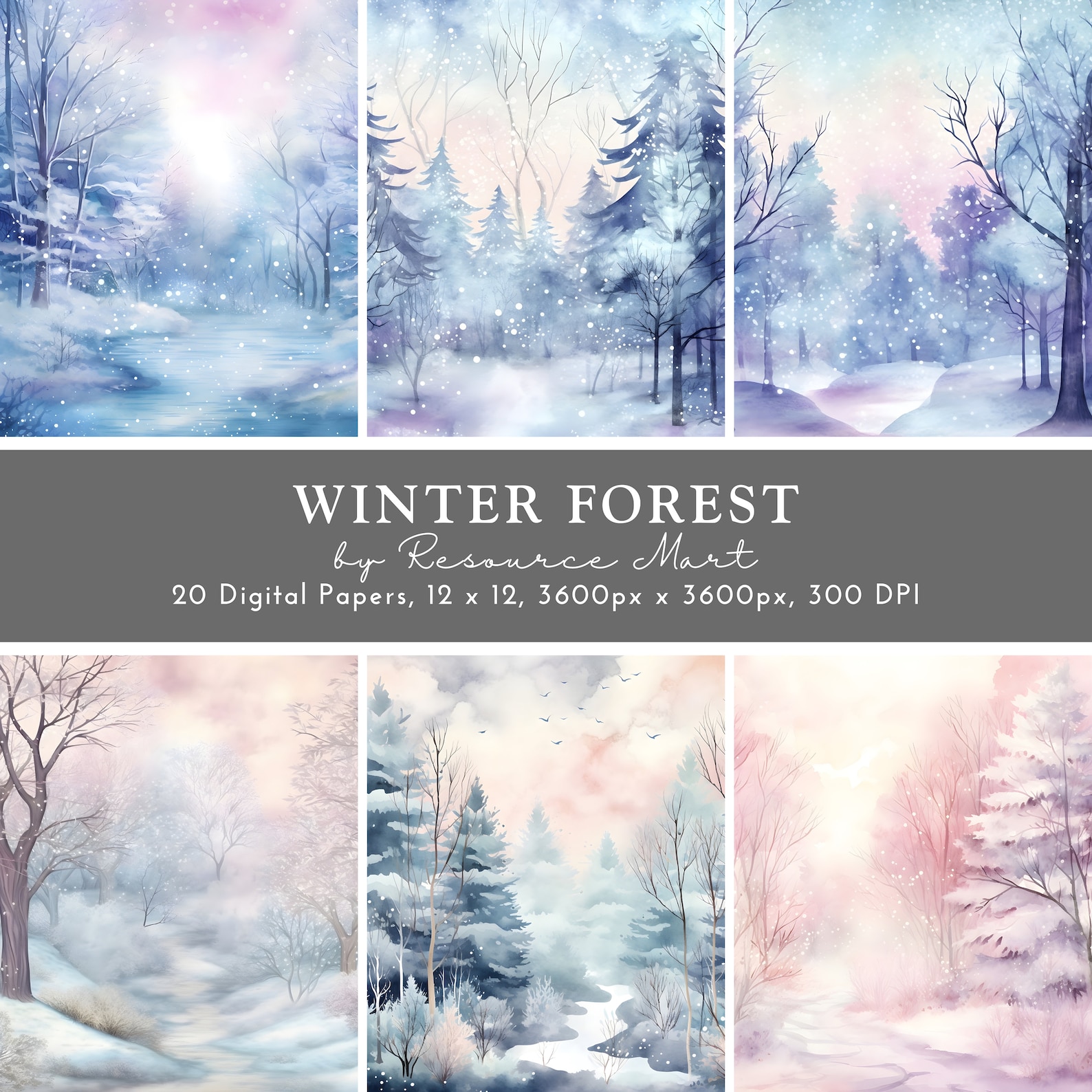 Watercolor Forest Winter Digital Paper, Printable Scrapbook Paper Snow ...