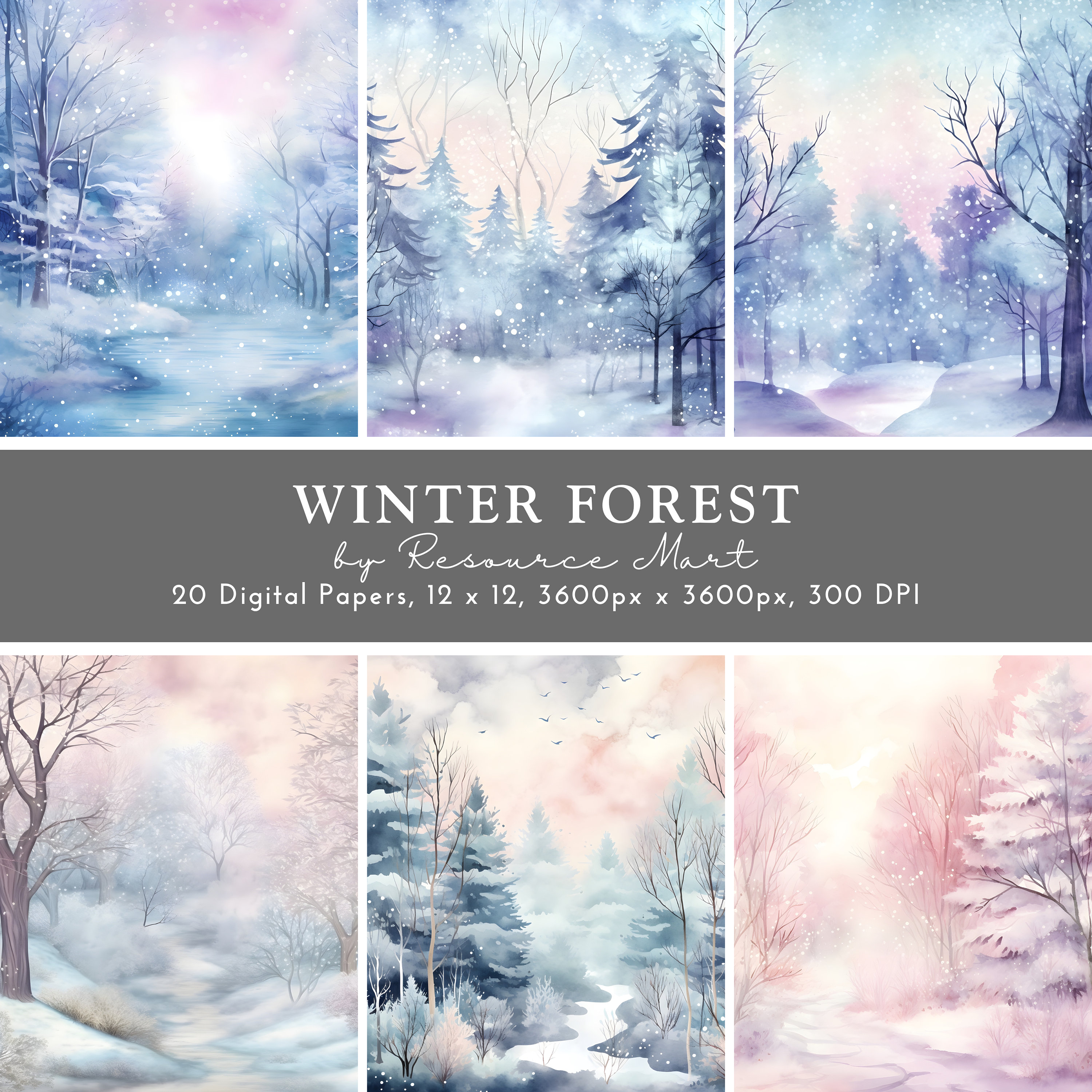 Watercolor Forest Winter Digital Paper, Printable Scrapbook Paper Snow ...