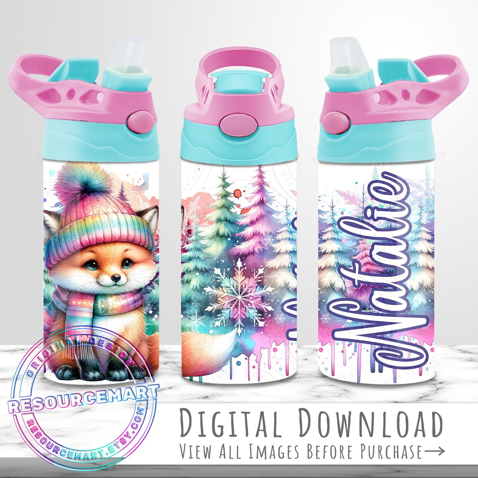 Kid's Winter Fox Pastel Pine Trees & Snowflakes Seamless 12oz Tumbler ...