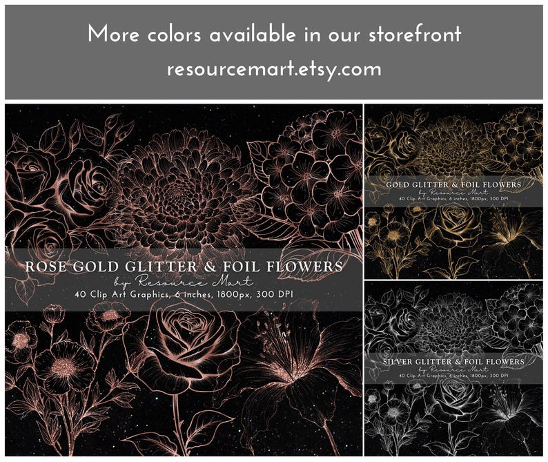 Rose Gold Glitter Flowers Overlay Clipart Set, Rosegold Metallic Foil ...