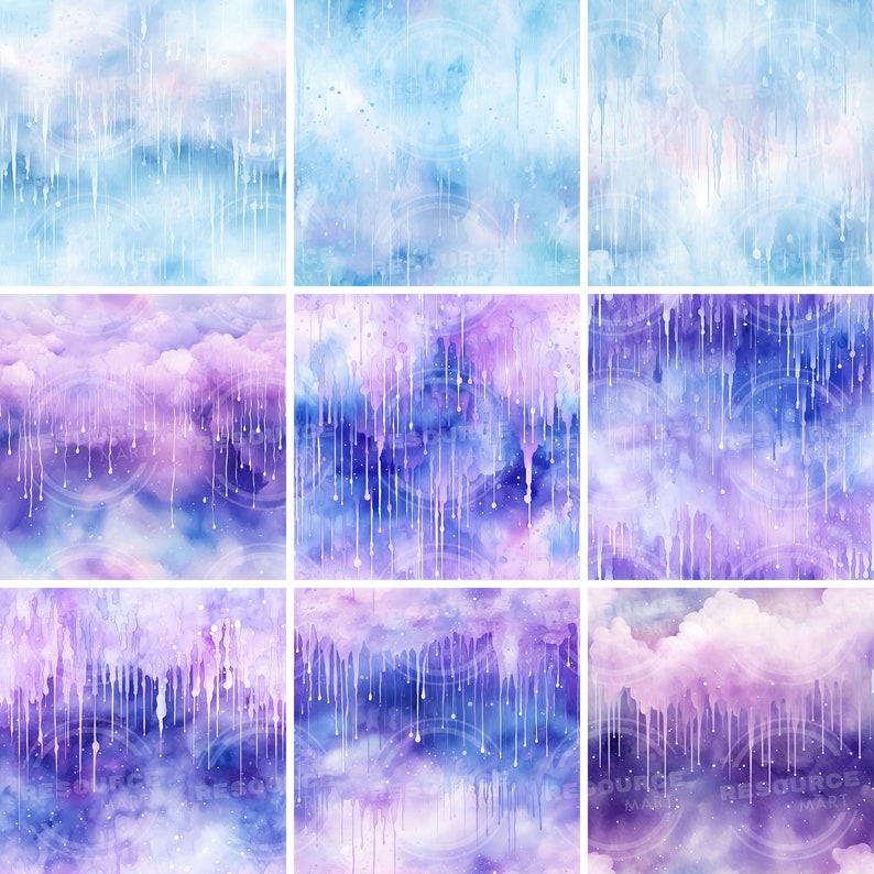 Dripping Pastel Watercolor Clouds Digital Paper Pack, Seamless Sky ...