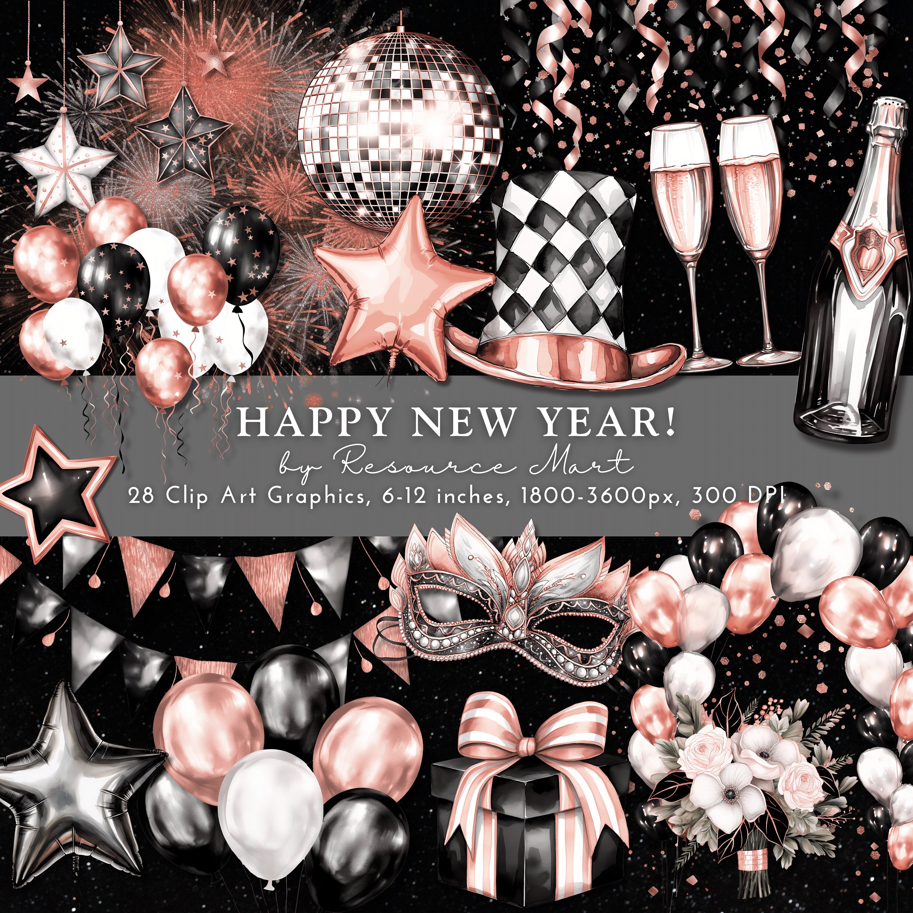 New Year's Eve Clip Art Transparent PNG, Black and Rosegold Glitter ...