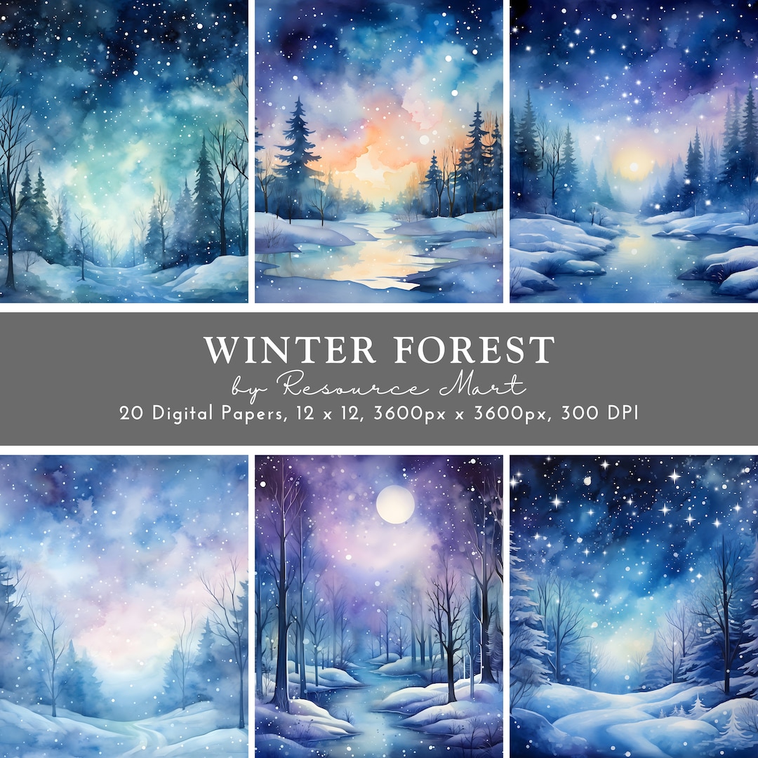 Watercolor Forest Winter Digital Paper, Printable Scrapbook Paper Snow ...