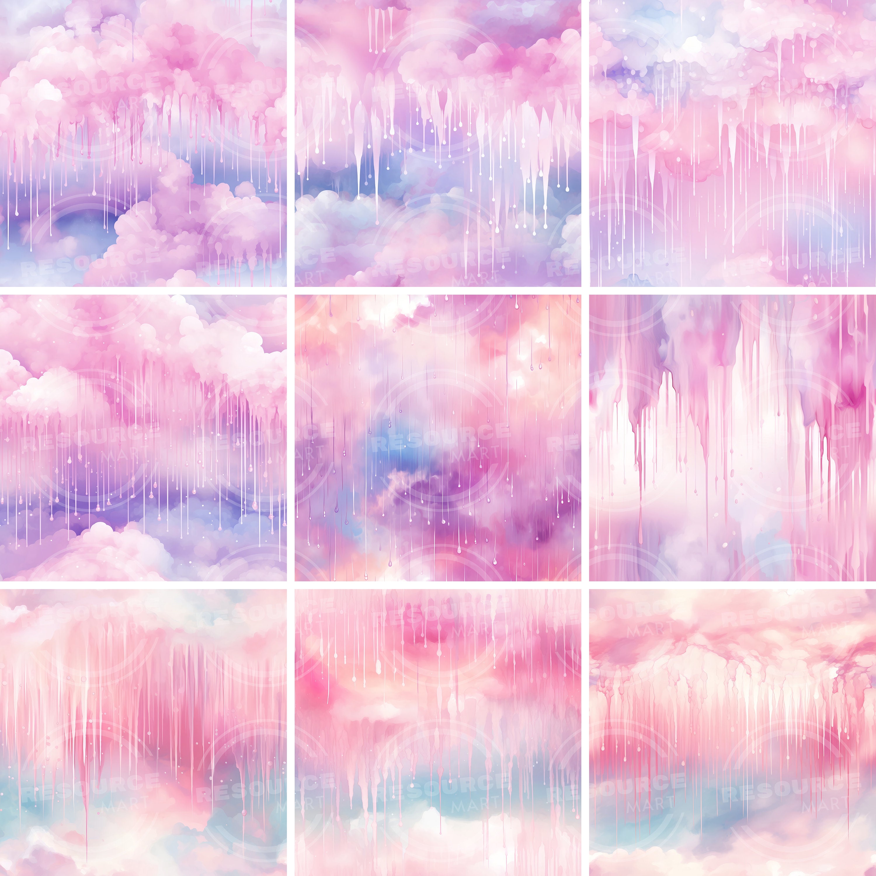 Dripping Pastel Watercolor Clouds Digital Paper Pack, Seamless Sky ...