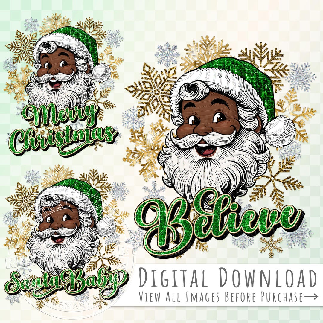 Black Santa With Glittery Snowflakes PNG Shirt Design Bundle, Believe ...