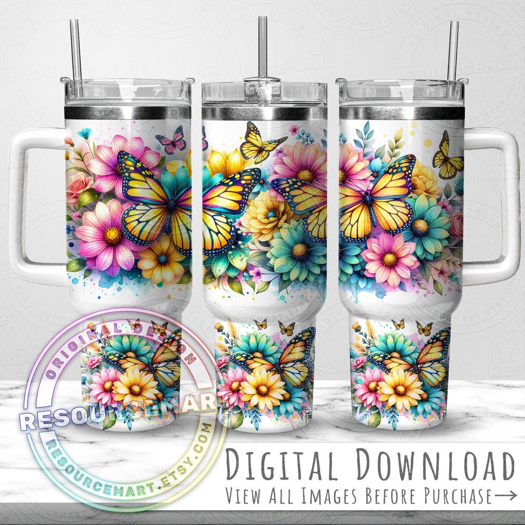 Watercolor Monarch Butterfly Seamless 40oz Tumbler Wrap Design, 40 ...