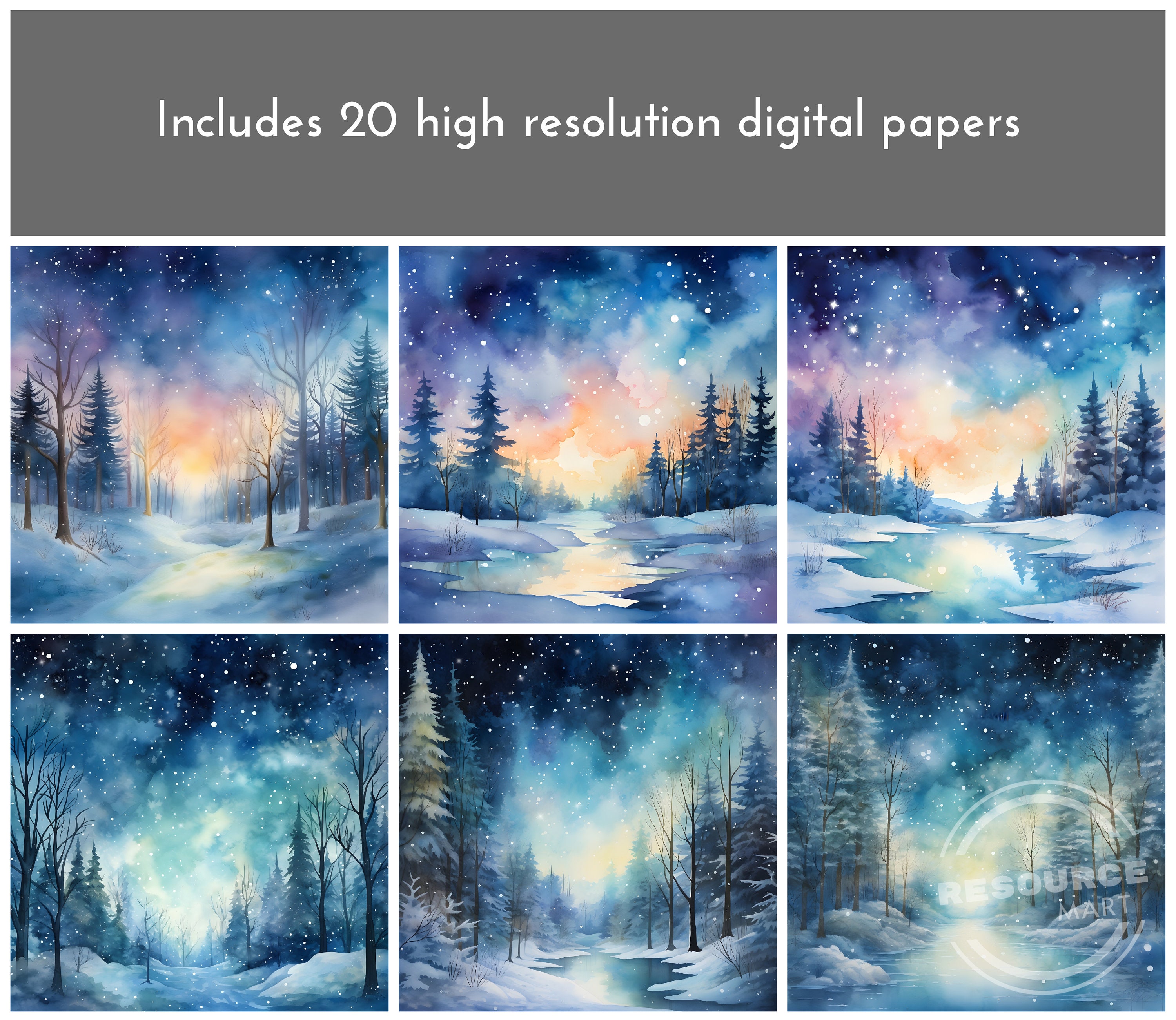 Watercolor Forest Winter Digital Paper, Printable Scrapbook Paper Snow ...