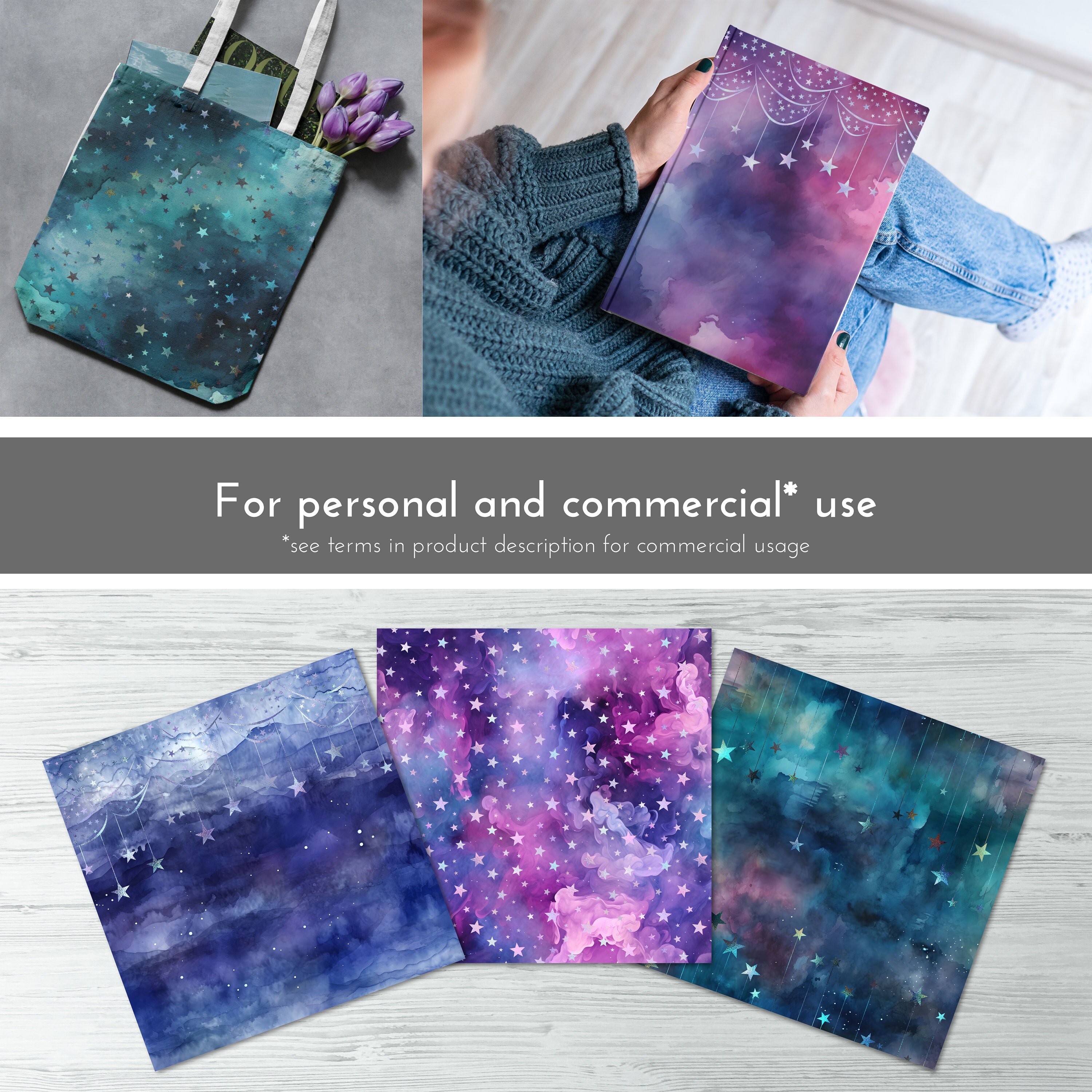 Shiny Iridescent Stars Watercolor Digital Paper Pack Scrapbook Journal ...