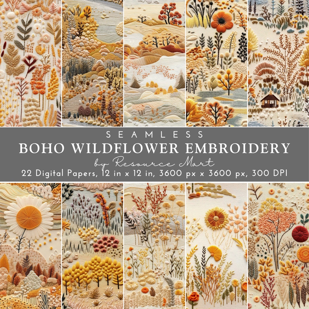 Seamless Faux Embroidered Flowers Digital Paper, Boho Earth Tone ...