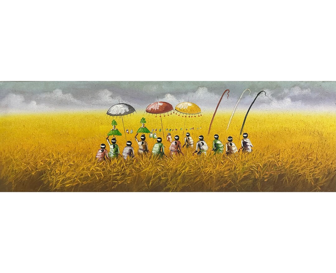 Balinese Oil Painting - Women Farmers in Yellow Rice Field, Original ...