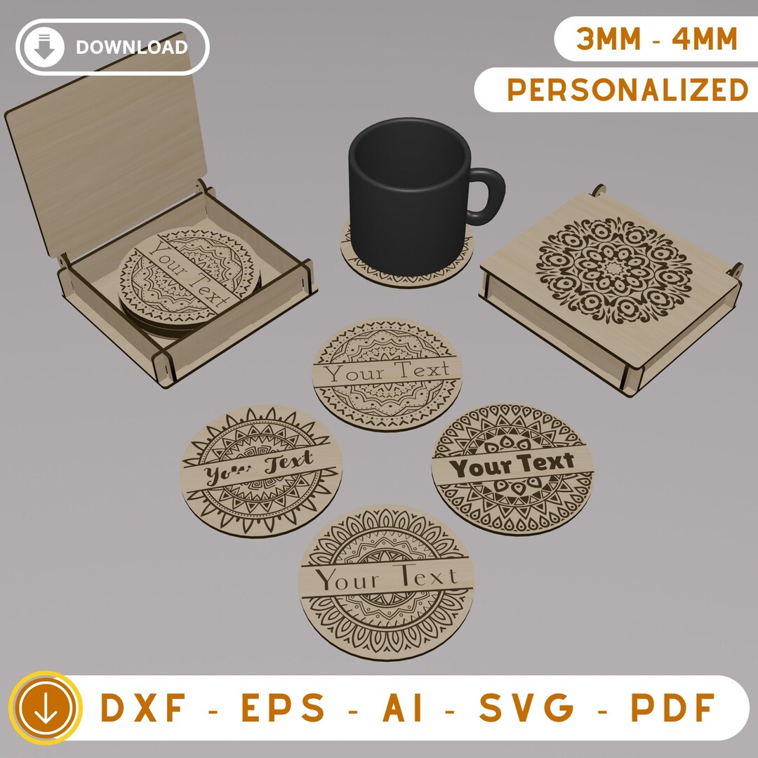 Personalized Coaster Set Laser Cut File, 4 Different Coaster Design ...