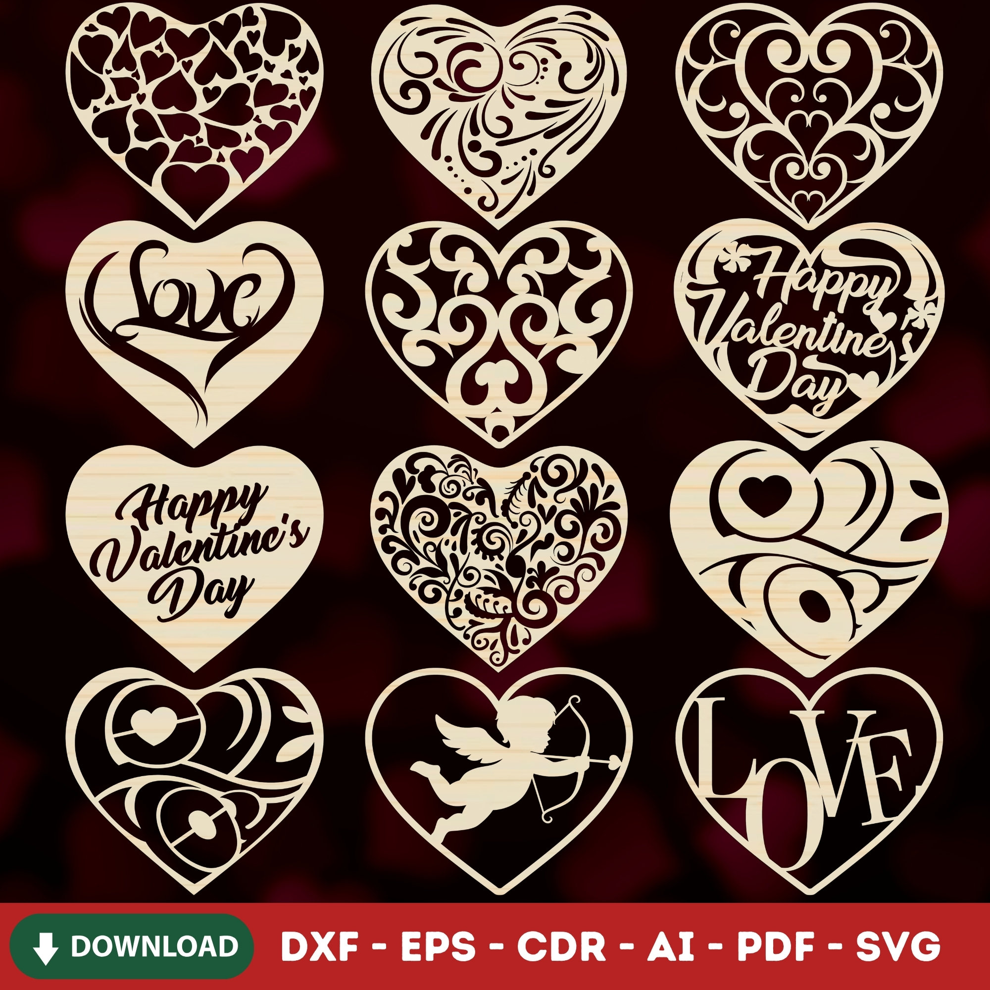 Herzen Valentinstag Laser Cut, 12 verschiedene Designs, Laser Cut-Datei ...