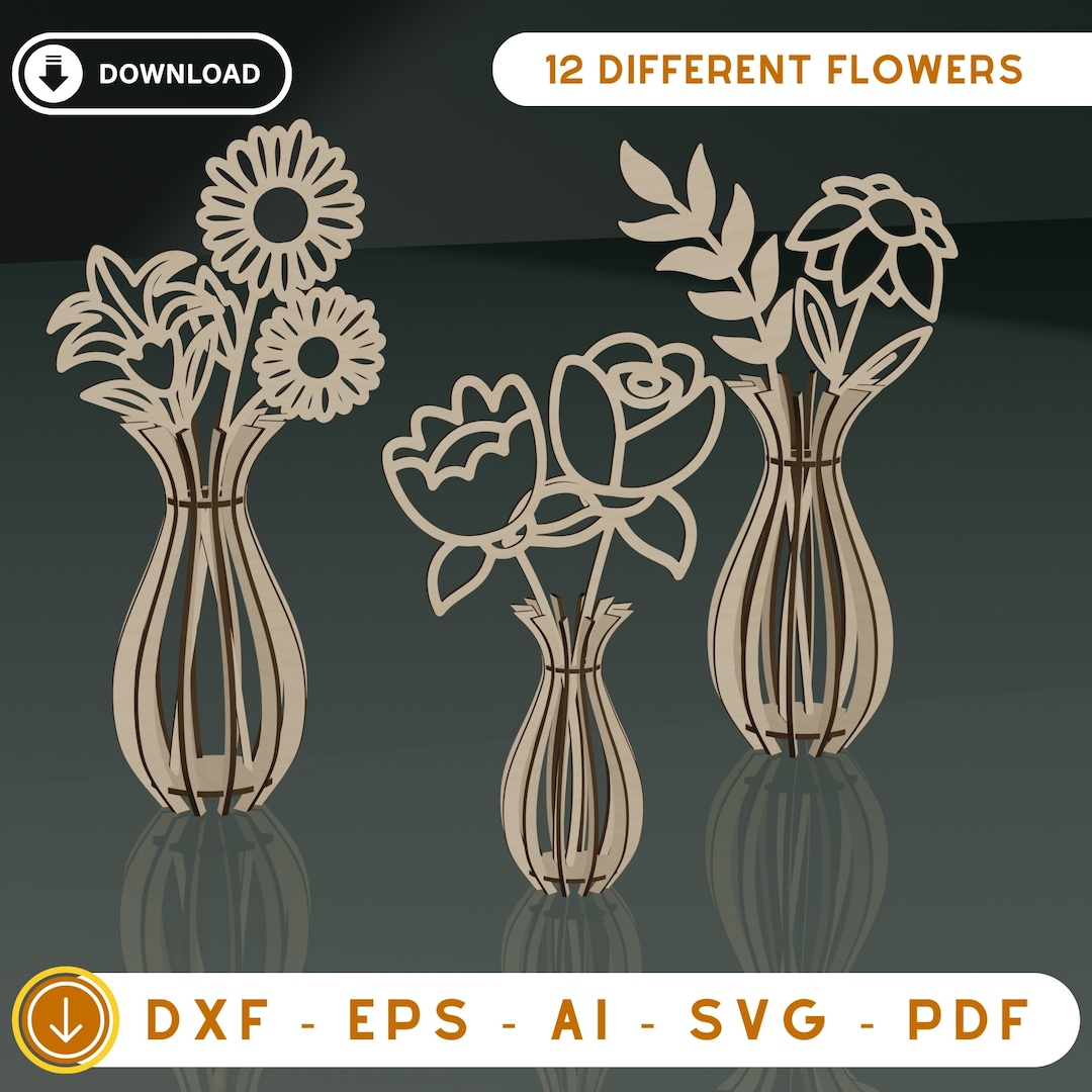 Vase and 12x Wildflower SVG Laser Cut Files, Wildflowers Bouquet, Wood ...