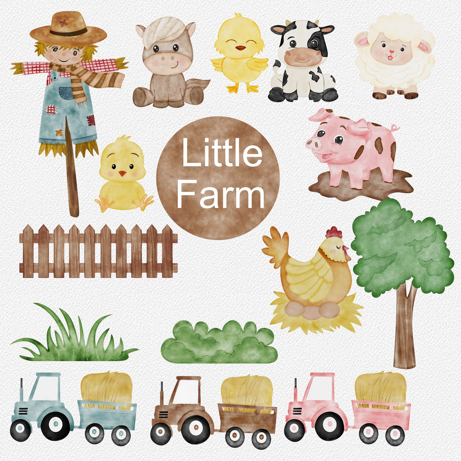 Little Farm Watercolor Clip Art, Animals Baby Shower, Farm Watercolor ...
