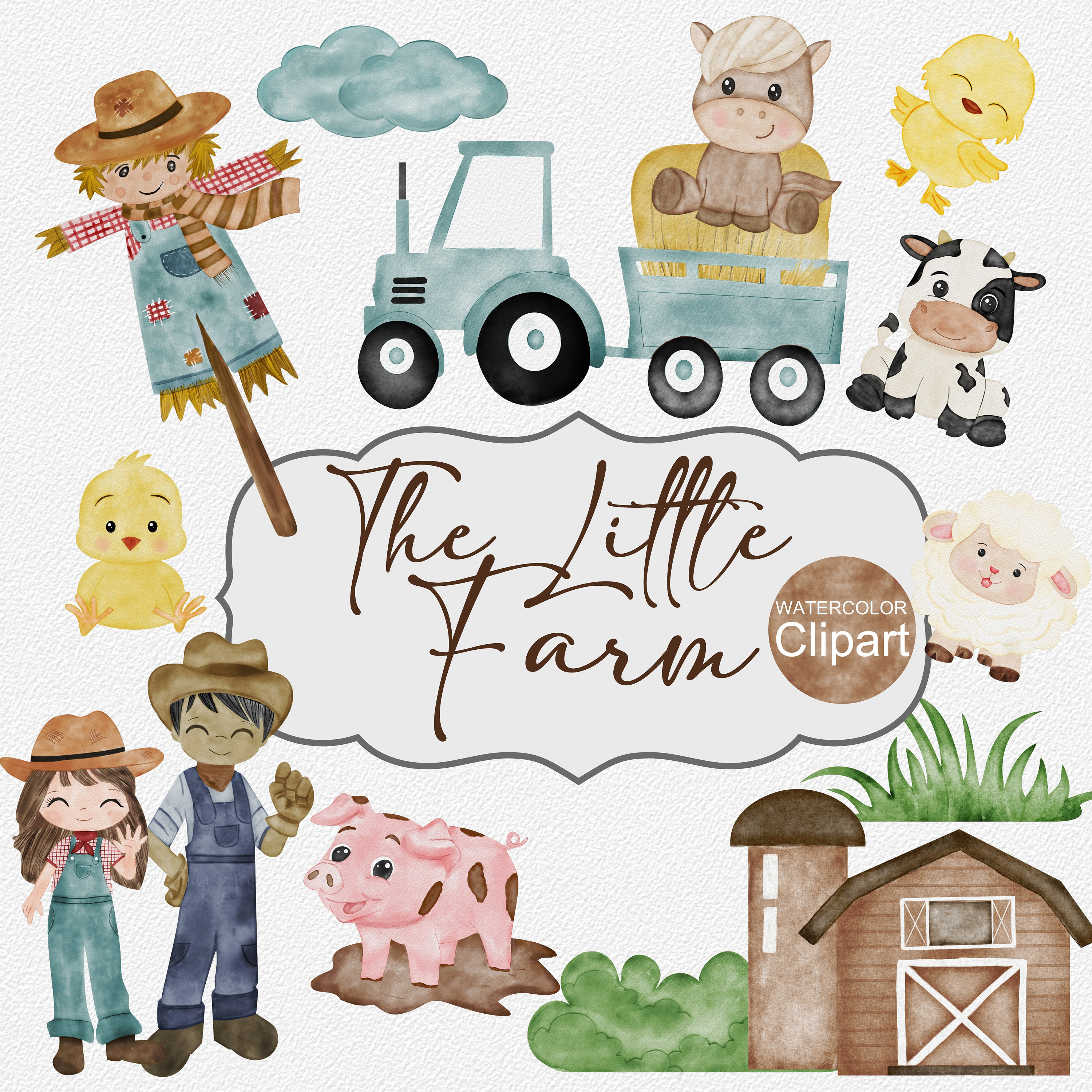 Little Farm Watercolor Clip Art, Animals Baby Shower, Farm Watercolor ...