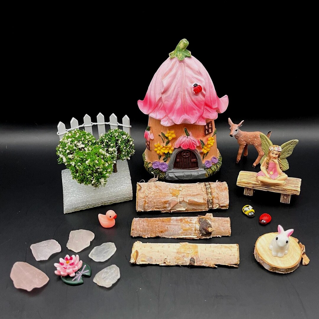 Pink Fairy Garden Kit Miniature 22 Piece Set DIY Fairy Garden Terrarium ...