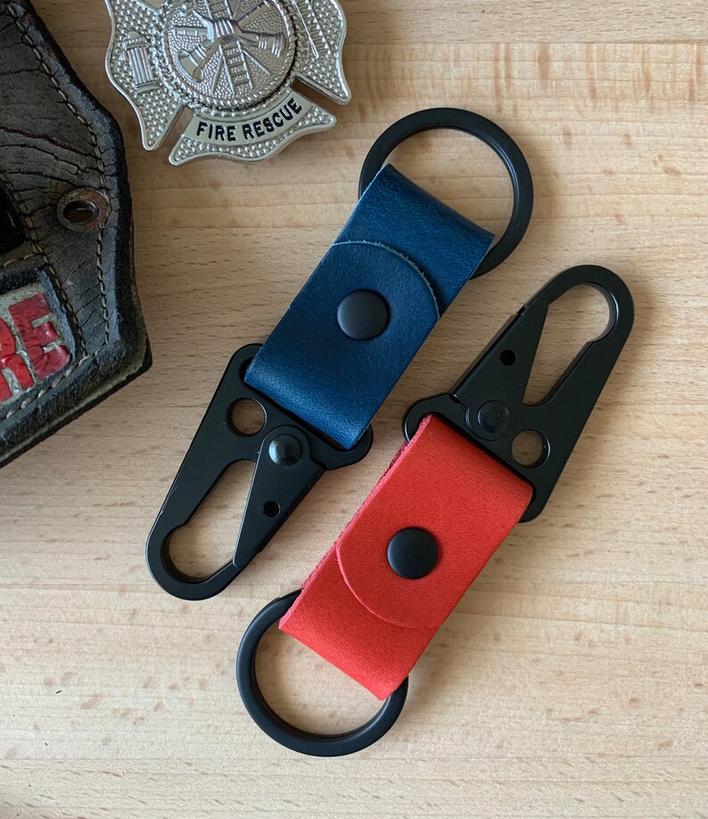 Red Tactical EDC Leather Keychain Carabiner Navy Blue Genuine Leather ...