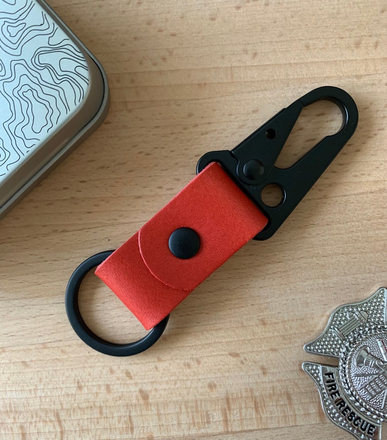 Red Tactical EDC Leather Keychain Carabiner Navy Blue Genuine Leather ...