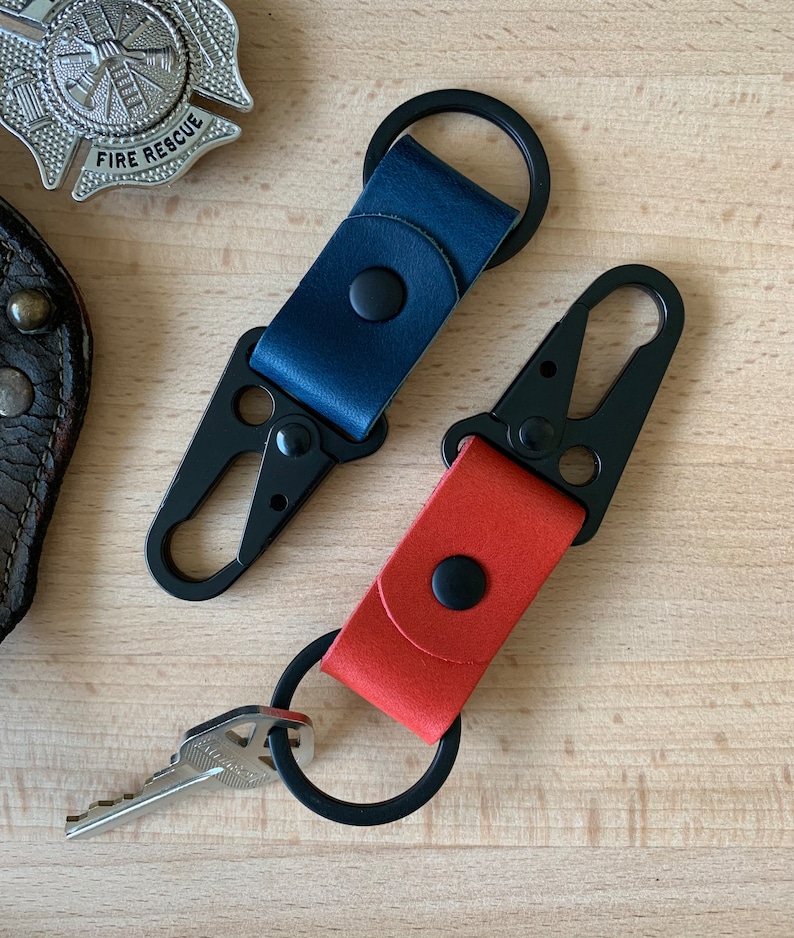 Red Tactical EDC Leather Keychain Carabiner Navy Blue Genuine Leather ...
