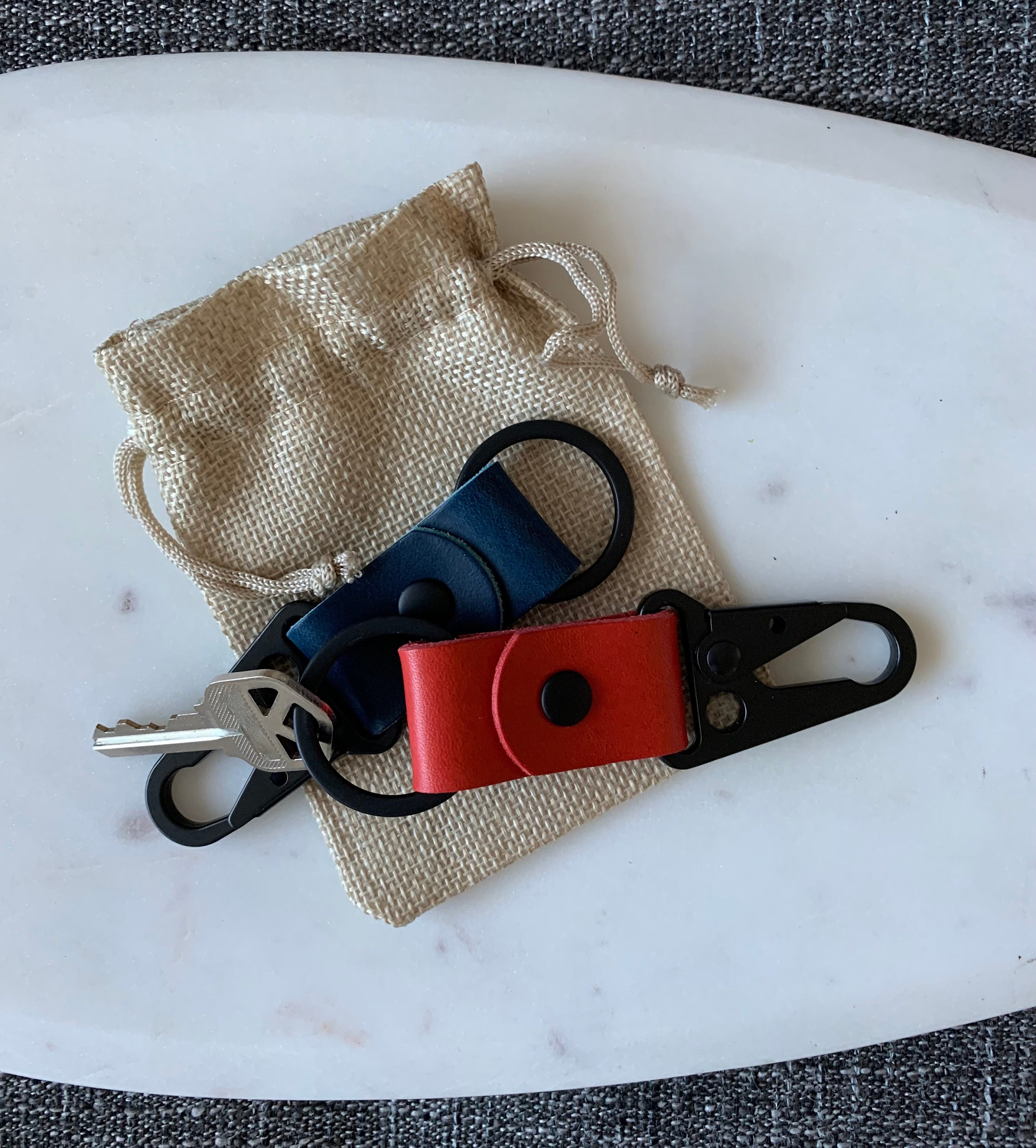 Red Tactical EDC Leather Keychain Carabiner Navy Blue Genuine Leather ...