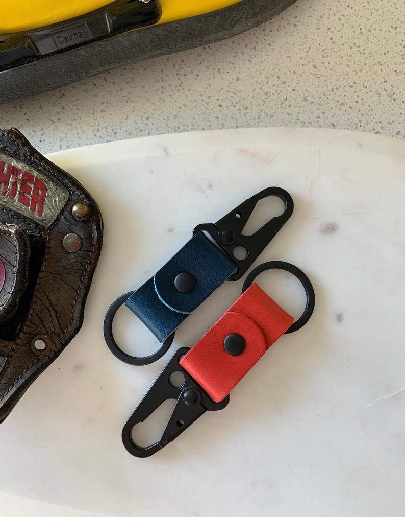 Red Tactical EDC Leather Keychain Carabiner Navy Blue Genuine Leather ...