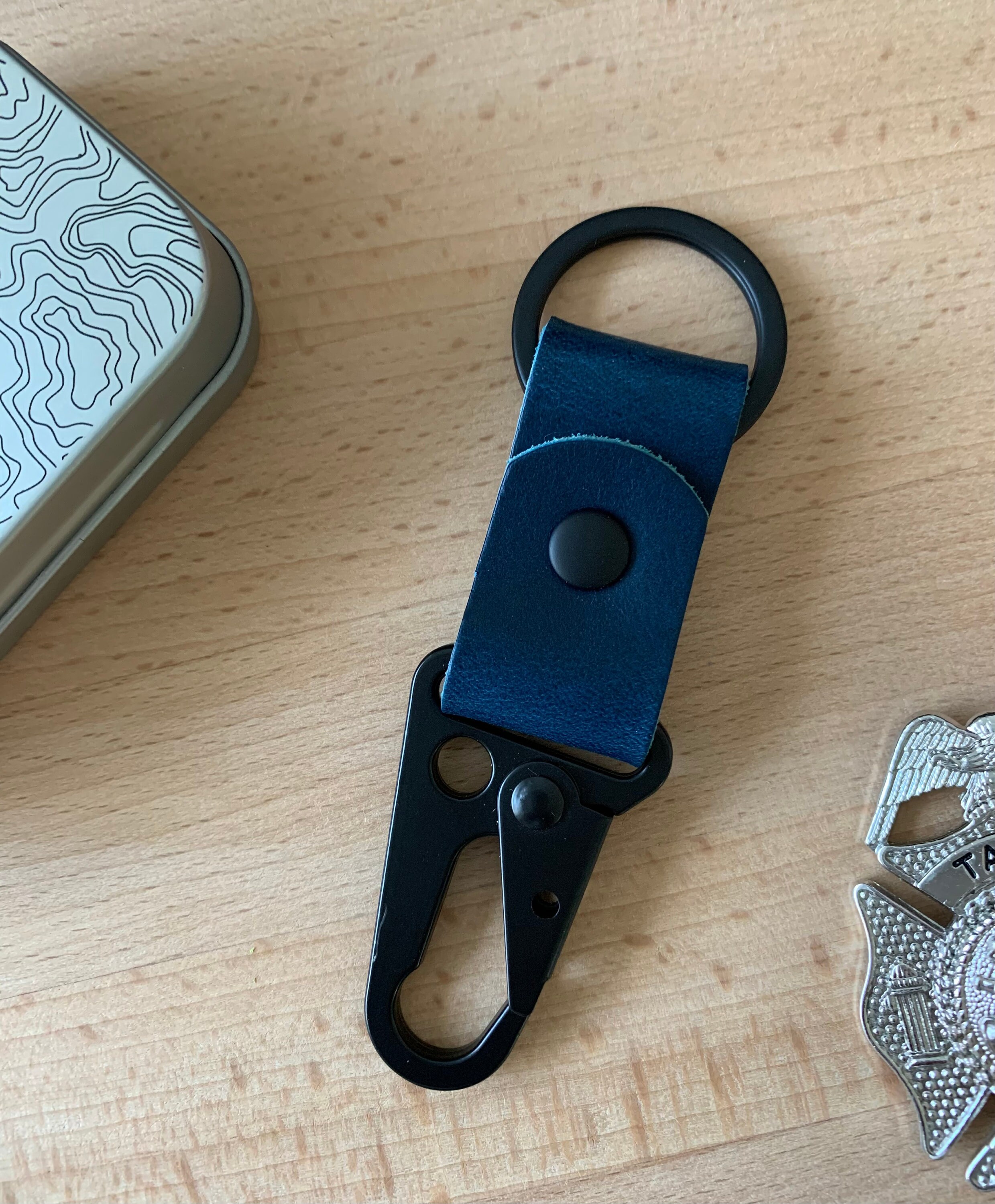 Red Tactical EDC Leather Keychain Carabiner Navy Blue Genuine Leather ...