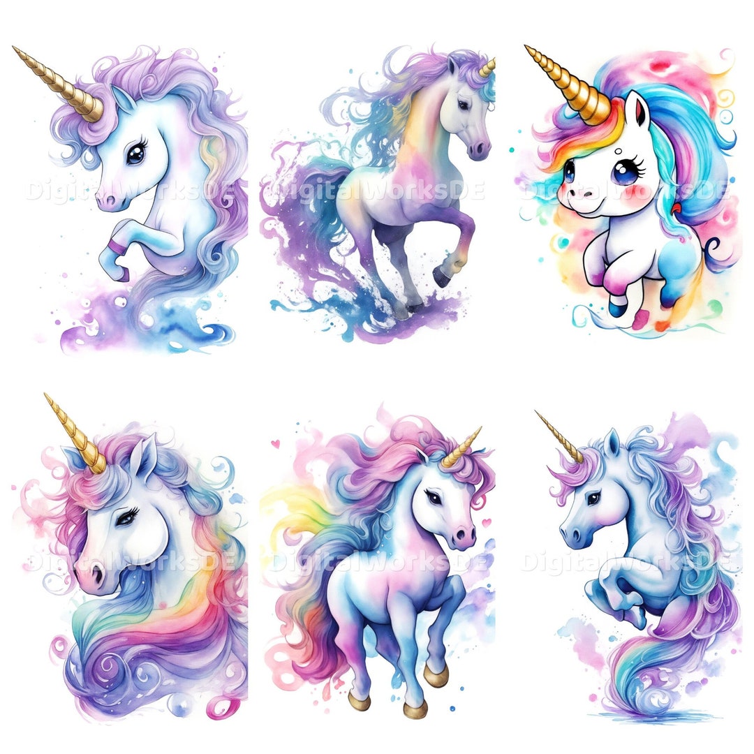 Colorful Watercolor Rainbow Unicorns Bundle Clip Art Digital - Etsy