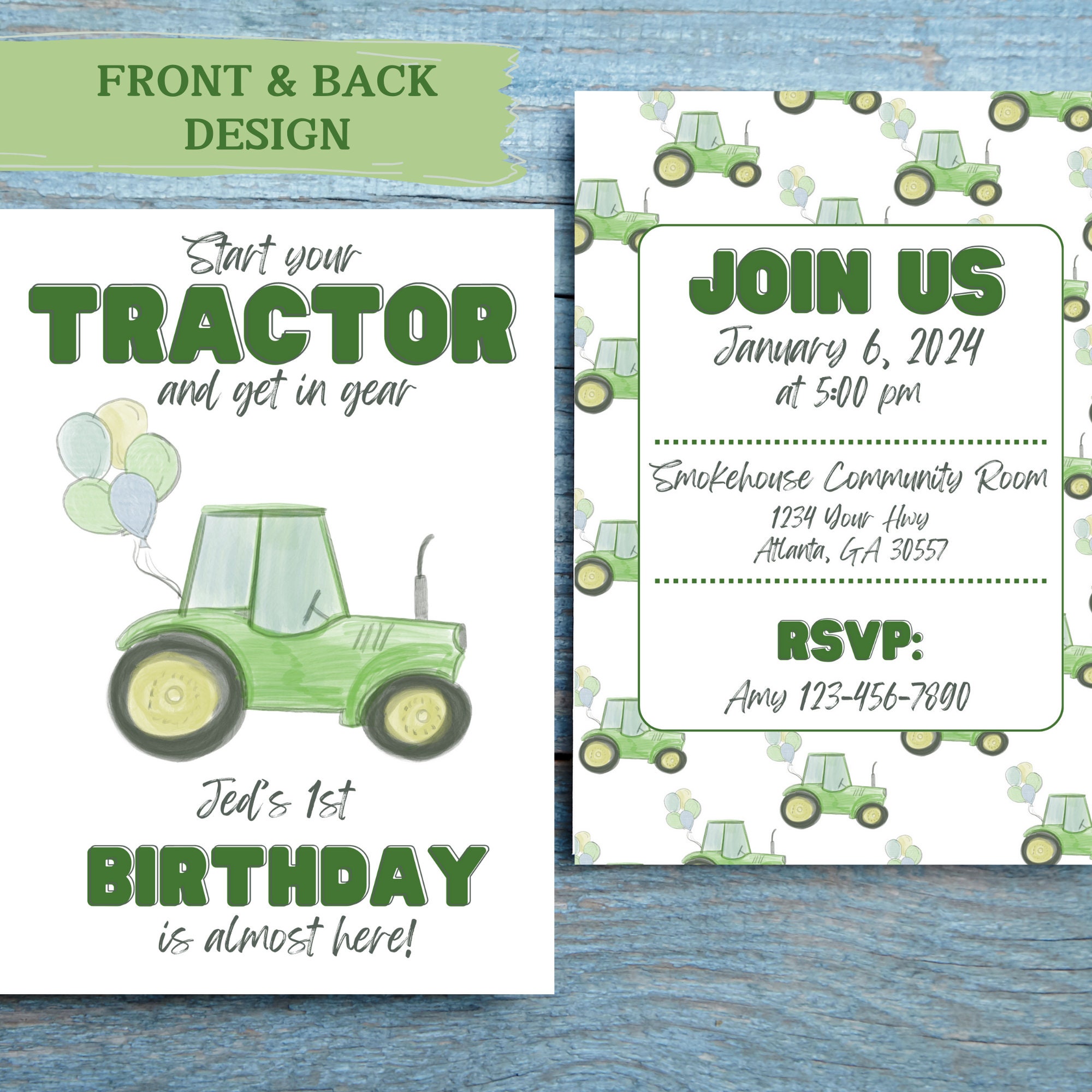 Green Tractor Birthday Invitation Digital Canva Template - Etsy