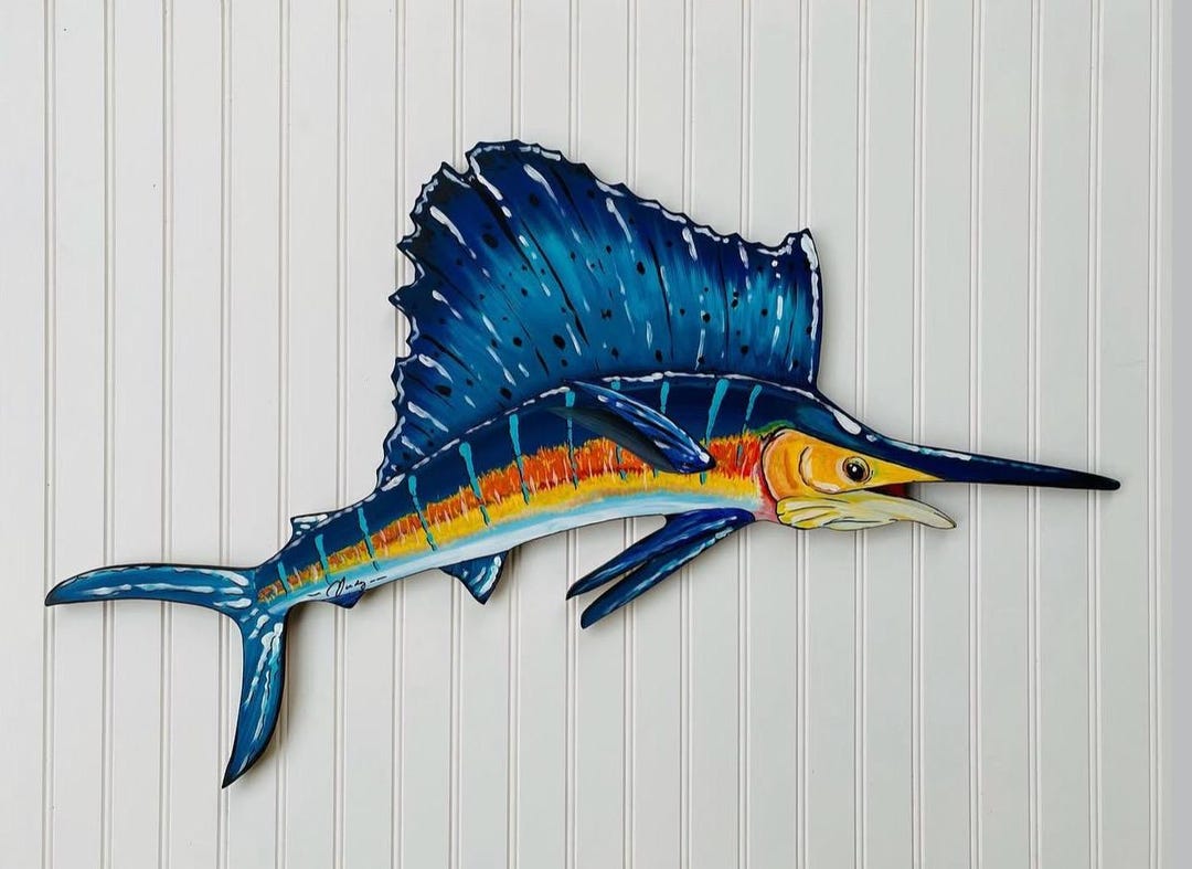 Sailfish, Original Hand Painted Fish, Wooden Majestic Colorful Blue ...