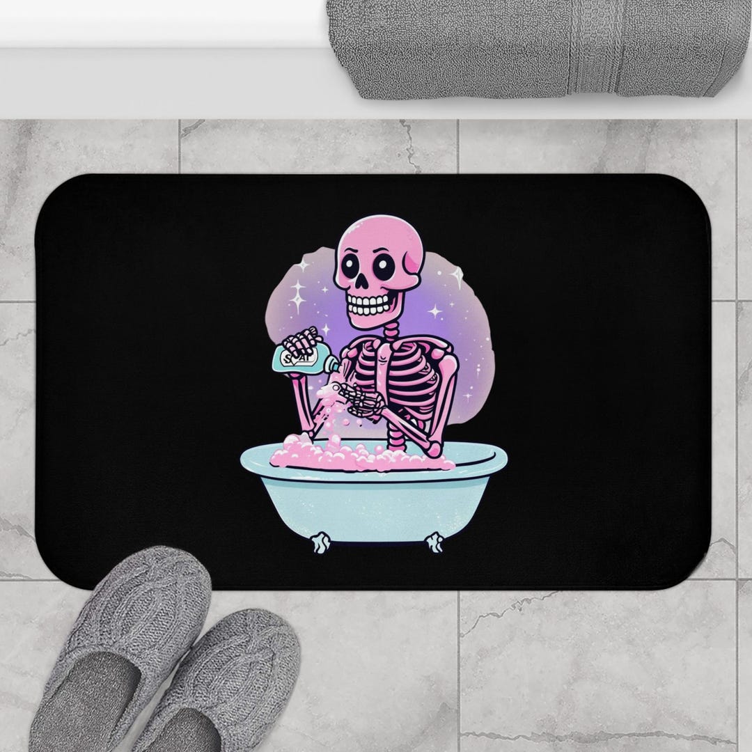 Pink Skeleton Bath Mat - Spooky Bathroom Decor, Skull Design Rug, Goth ...