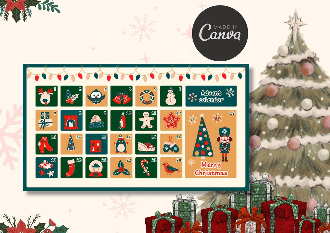Editable Christmas Advent Calendar Canva Template | Digital & Printable ...