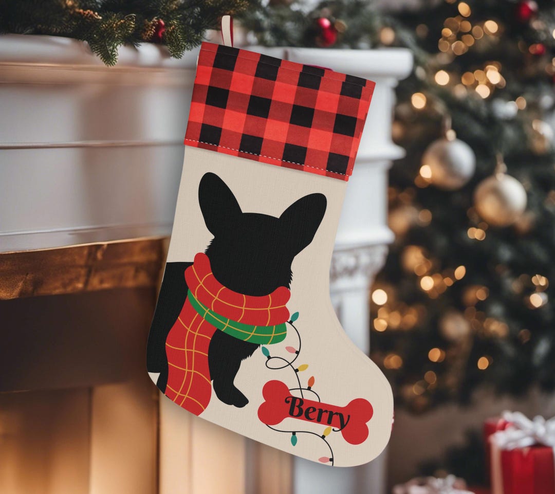 Personalized Corgi Dog Stocking Linen Christmas Stocking W/ Plaid Cuff ...